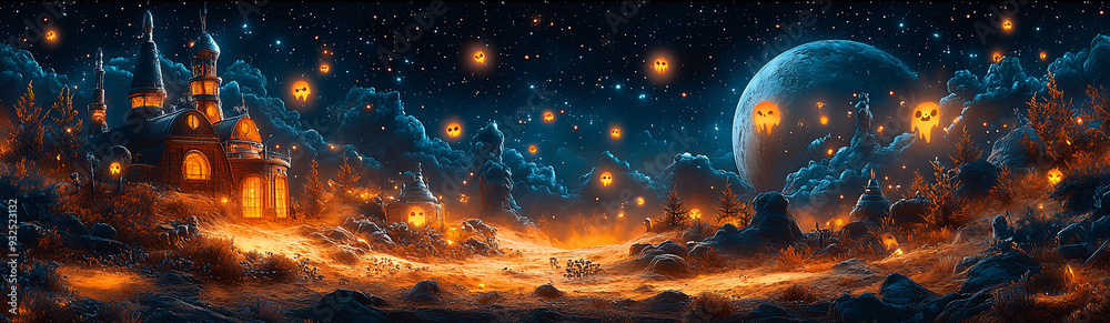 Halloween card haunted observatory distant moon where 3D telescope ...