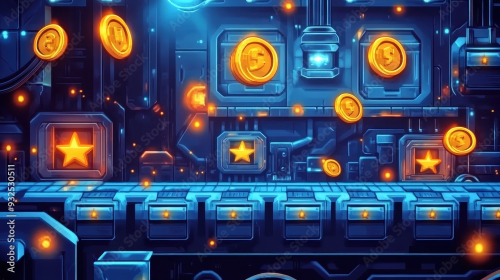 platformer video game level, industrial theme, blue and grey metallic ...