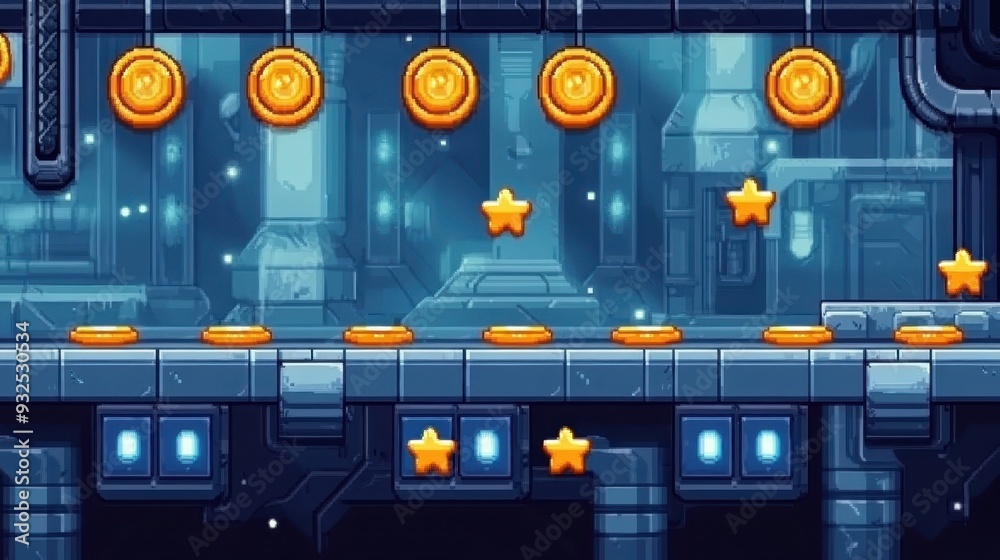 platformer video game level, industrial theme, blue and grey metallic ...