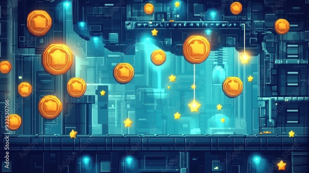 platformer video game level, industrial theme, blue and grey metallic ...