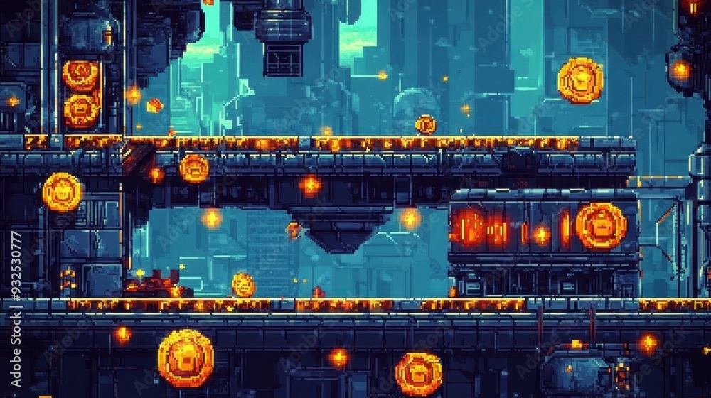 platformer video game level, industrial theme, blue and grey metallic ...