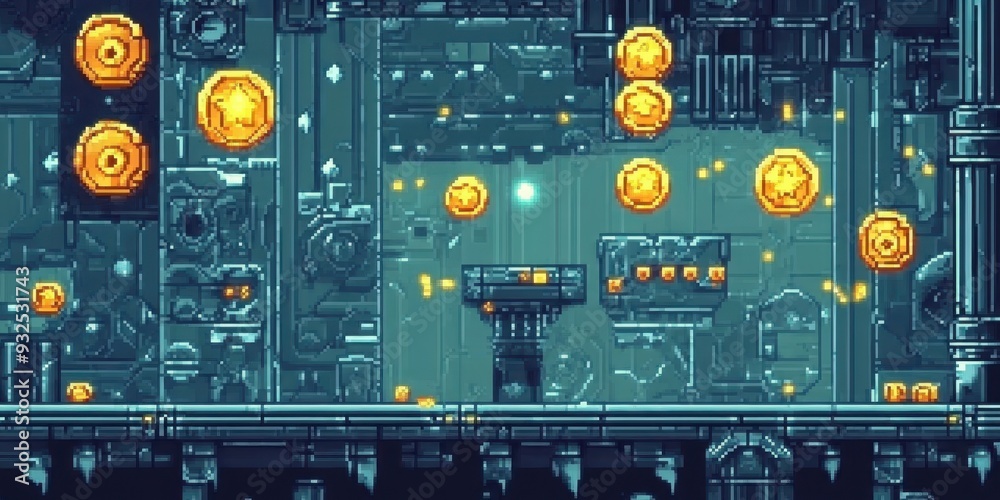 platformer video game level, industrial theme, blue and grey metallic ...