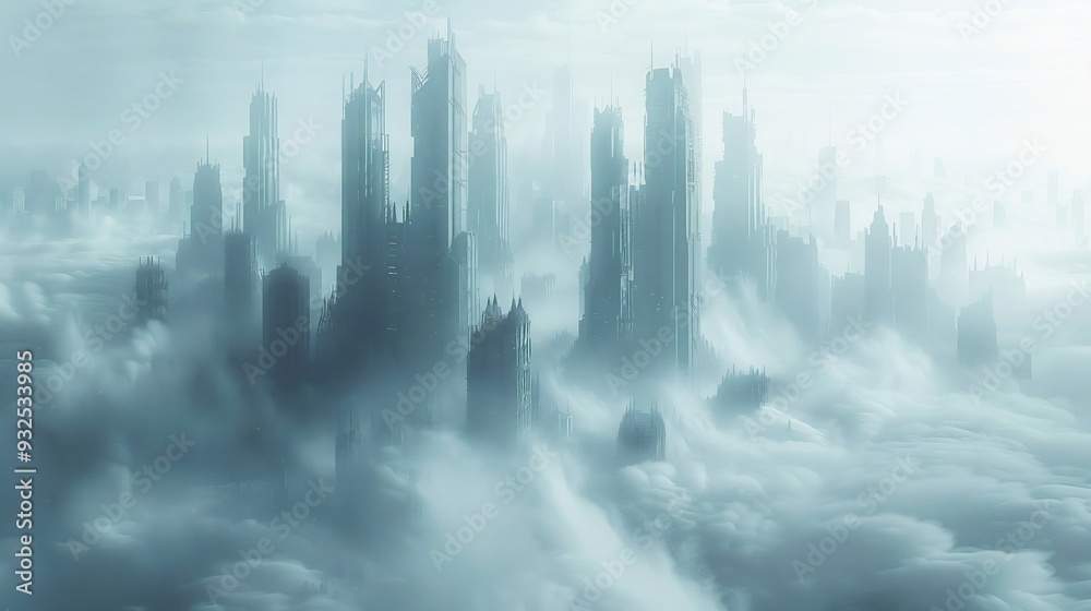 Futuristic city where buildings are made of translucent energy fields ...