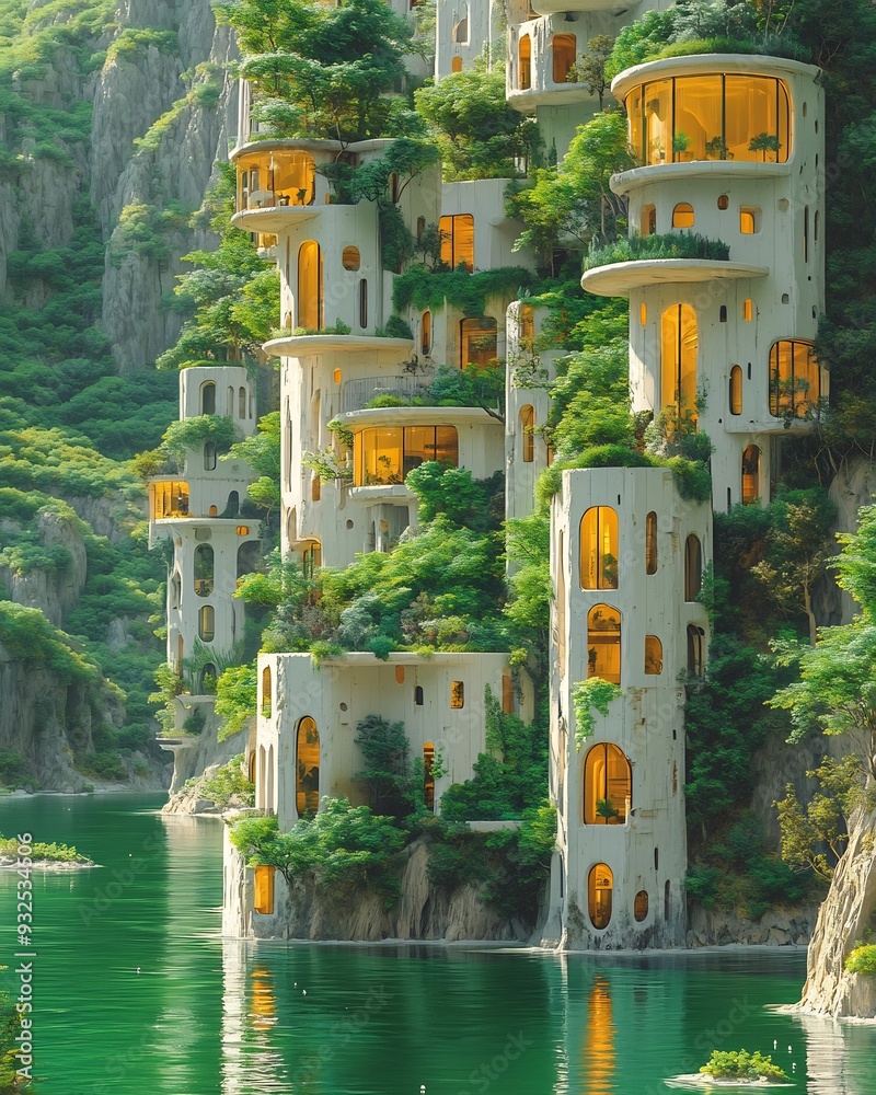 Futuristic cityscape where the buildings are made of living plants ...