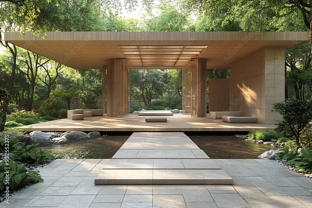 Serene minimalist pavilion using natural wood and stone in a futuristic ...
