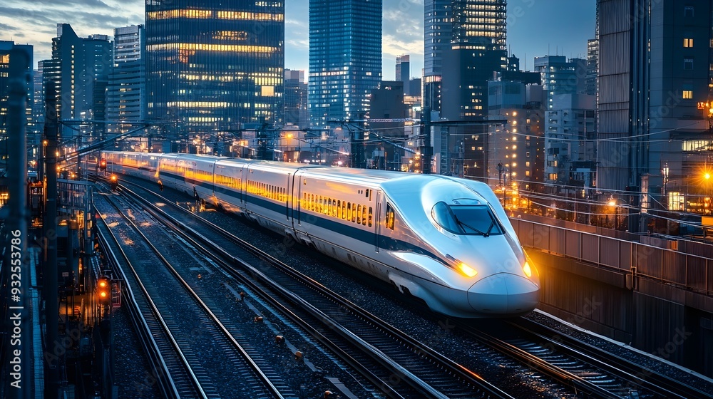 Photograph of a high speed train rushing through a vibrant urban ...