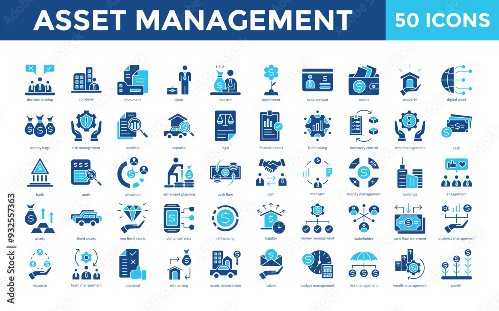 Asset Management icon set with decision making, company, document ...