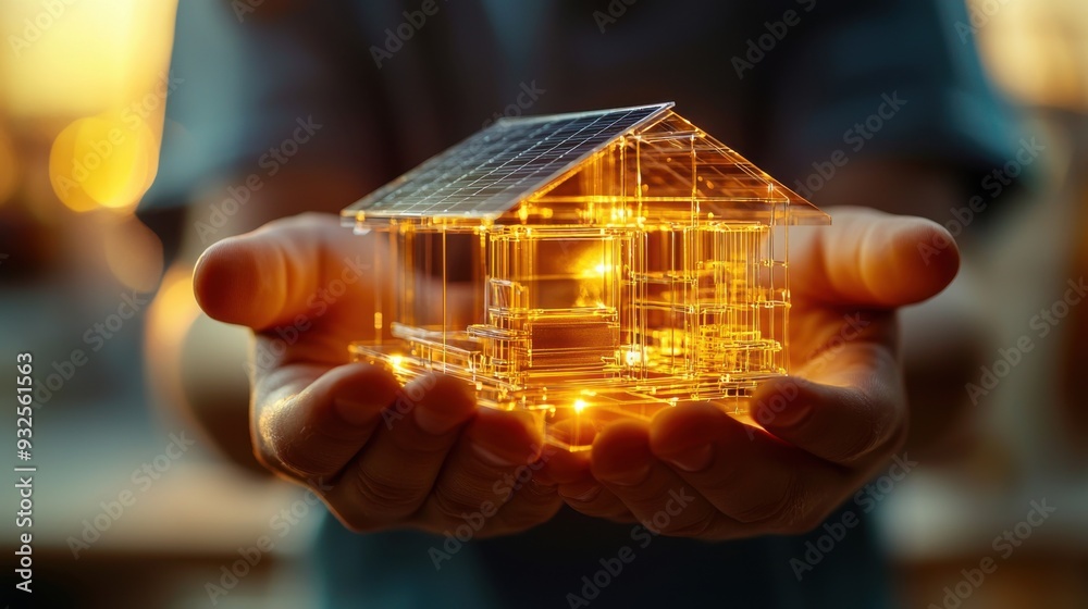 Extreme close-up shot of a boy is hands holding a detailed modern solar ...