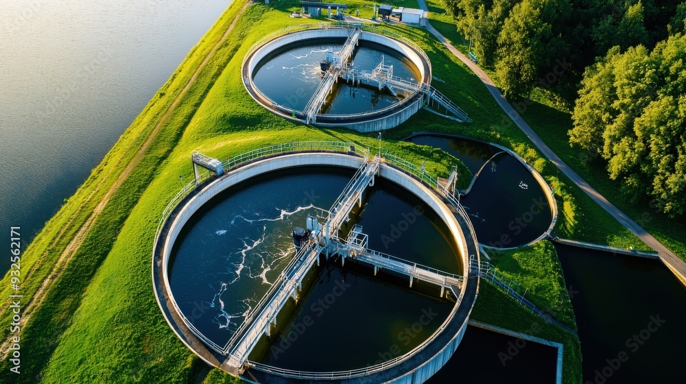 An aerial shot of a large-scale water recycling plant with multiple ...