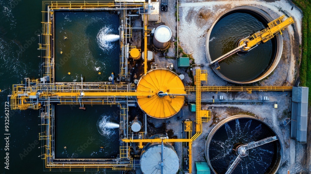 An aerial shot of a large-scale water recycling plant with multiple ...