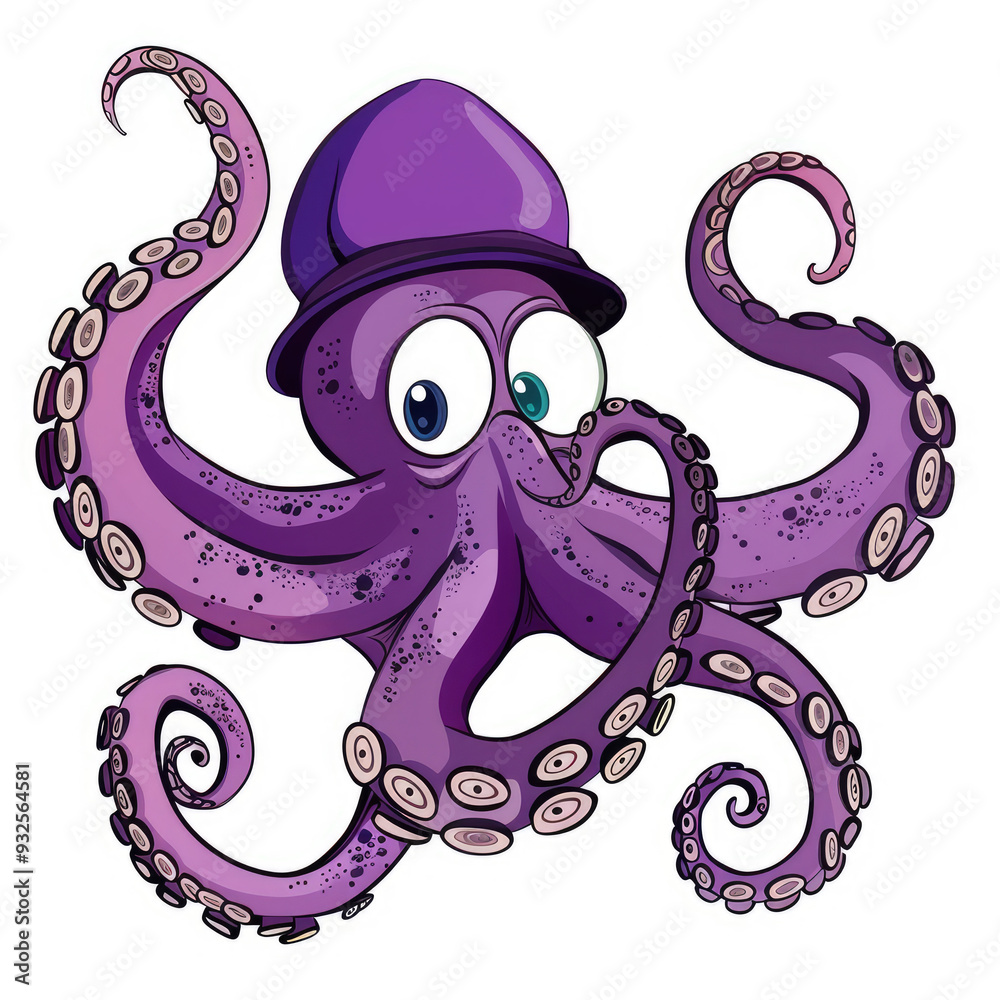 A cartoon of an octopus with a purple hat isolated white background,2d ...