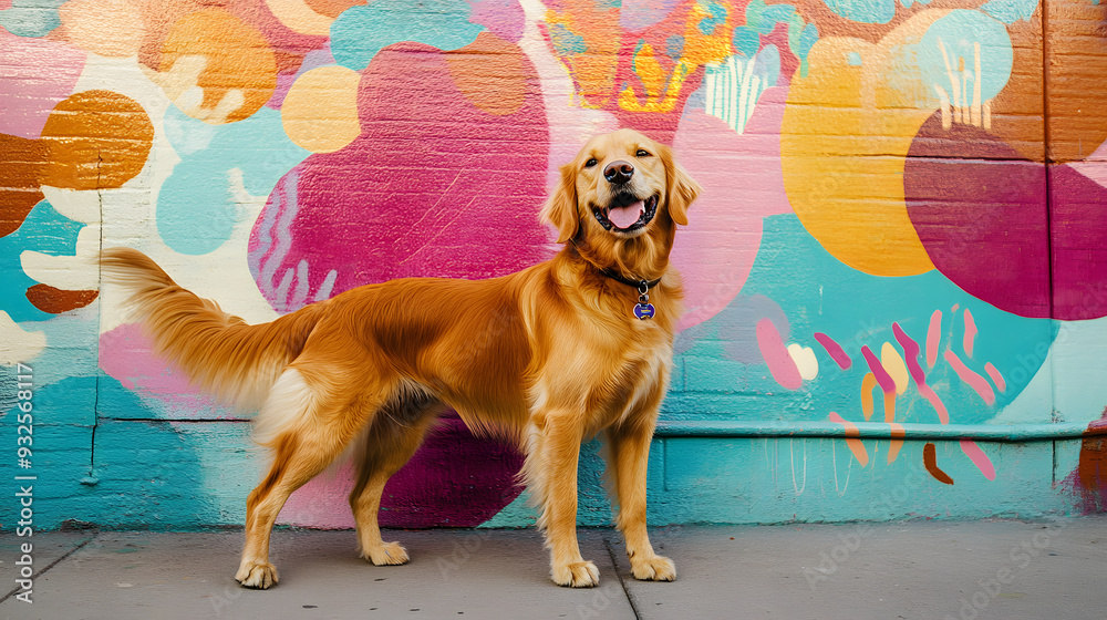 Golden retriever as the star of a creative ad, standing in front of a ...