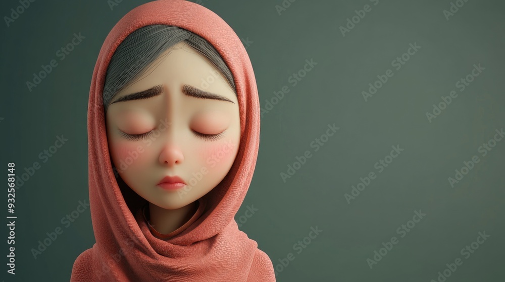 3D Cartoon of a Sad Asian Woman in Hijab Feeling Stressed and Exhausted ...