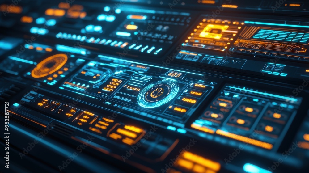 A close-up shot of a futuristic control panel in a smart city command ...