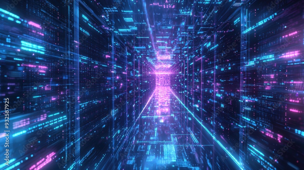 A highly advanced data center with rows of servers extending into ...