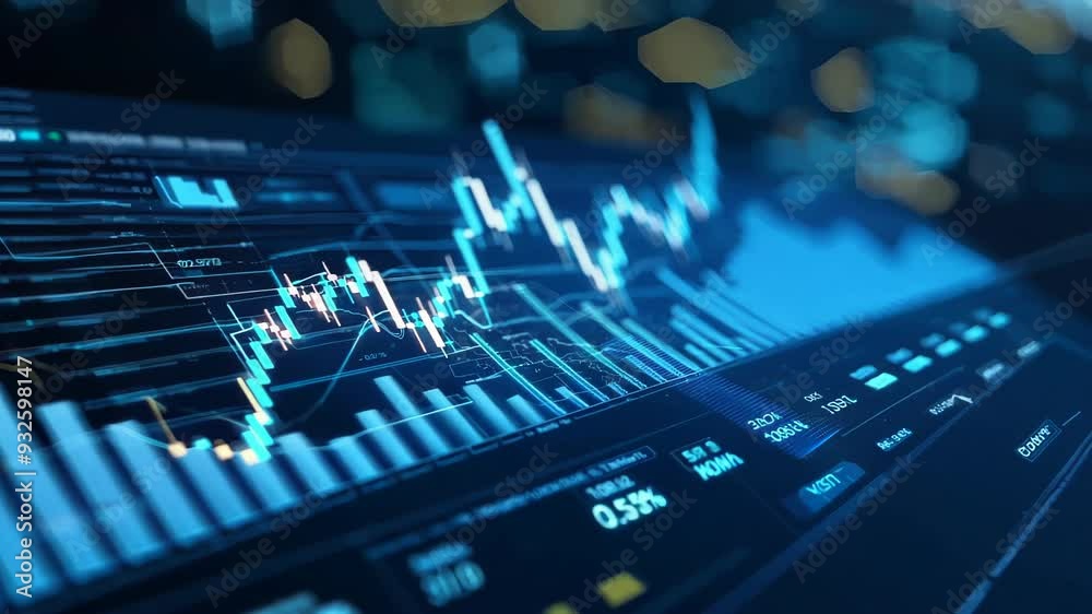 Holographic financial charts emerge from a digital surface. Illuminated graphs in cool blue ...