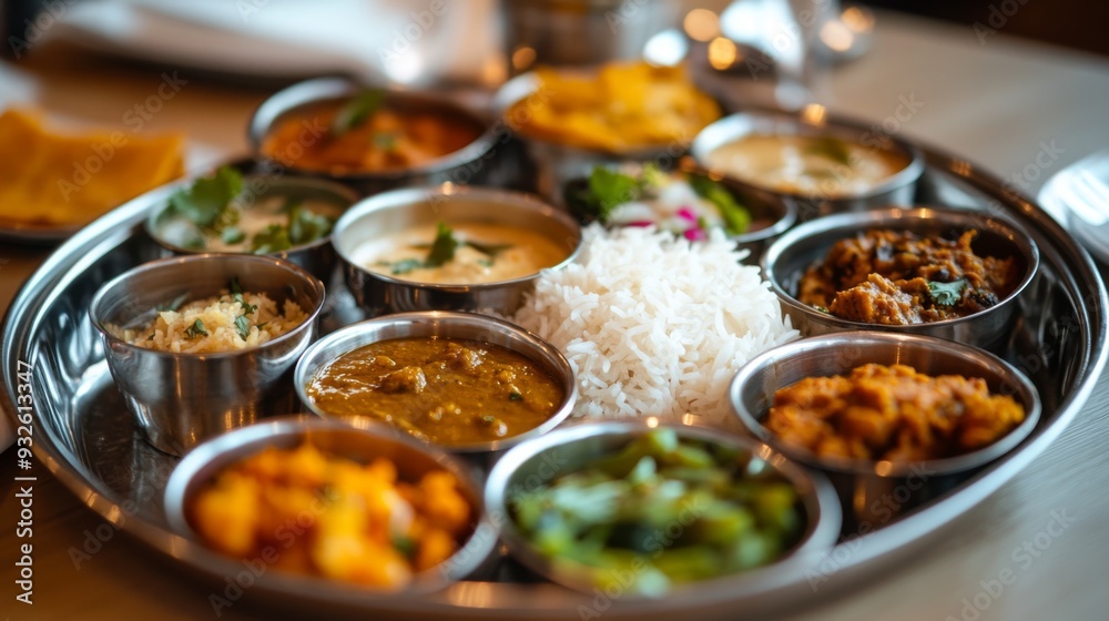 Detailed view of a traditional Indian thali, featuring a variety of ...