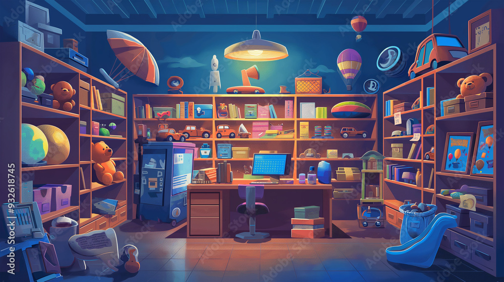 Cartoon toy shop with furniture and goods on shelves at night, game ...