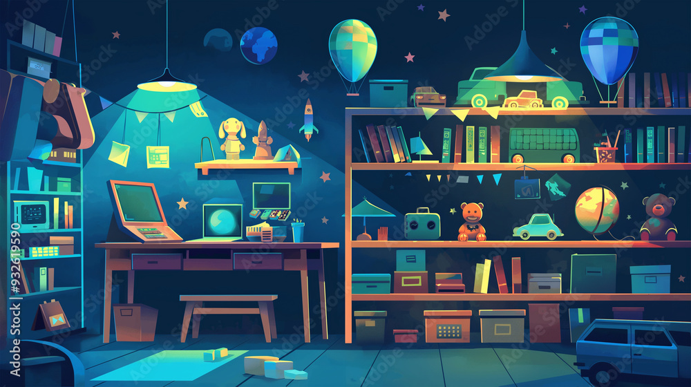 Cartoon toy shop with furniture and goods on shelves at night, game ...