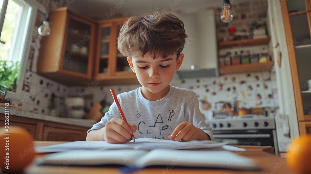 Education remote learning and boy in a kitchen with book writing or ...