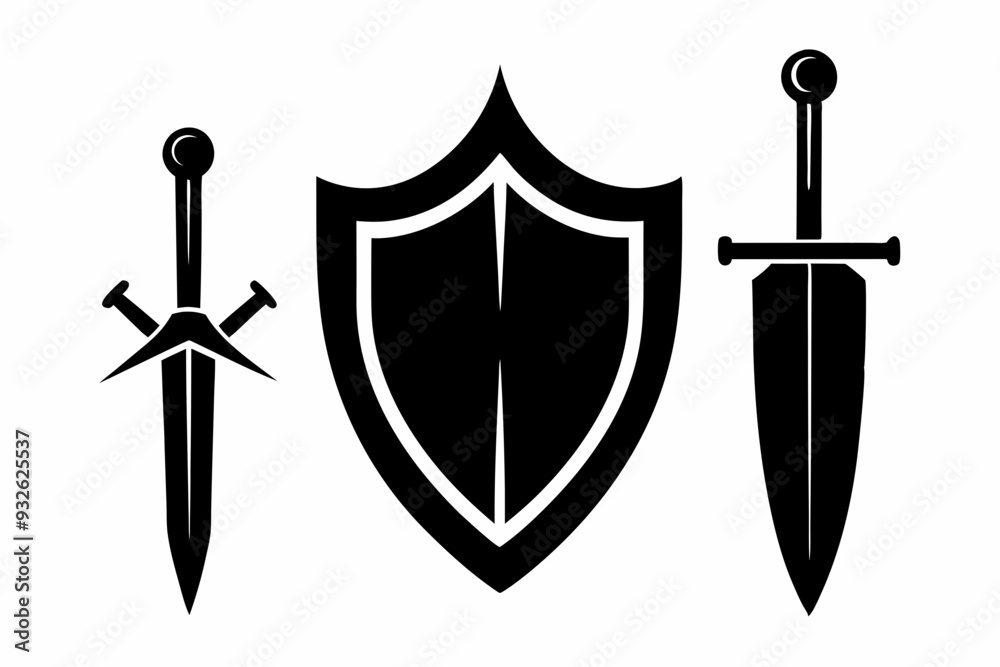 shield and sword icon, Protect shield security icons. Shield badge quality symbol. Collection of ...