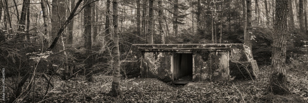 Abandoned Cold War bunker in a forest featuring reinforced steel hopper ...
