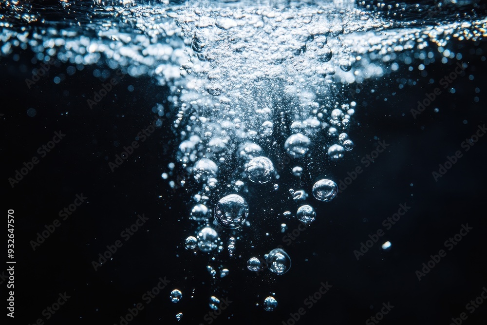 Shiny air bubbles rise underwater illuminated by light rays Oxygen ...