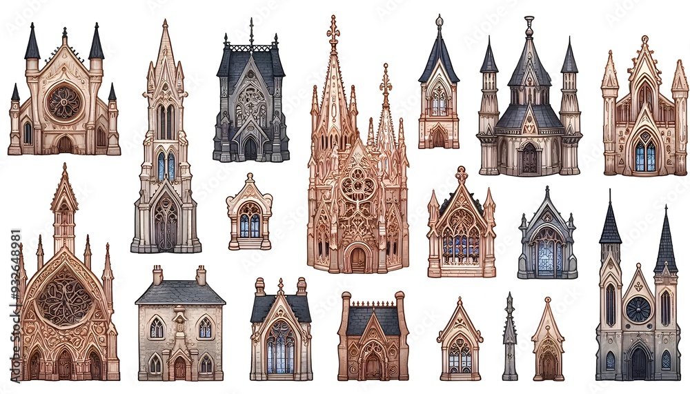 Watercolor cartoon clipart outlines of various types of Gothic ...