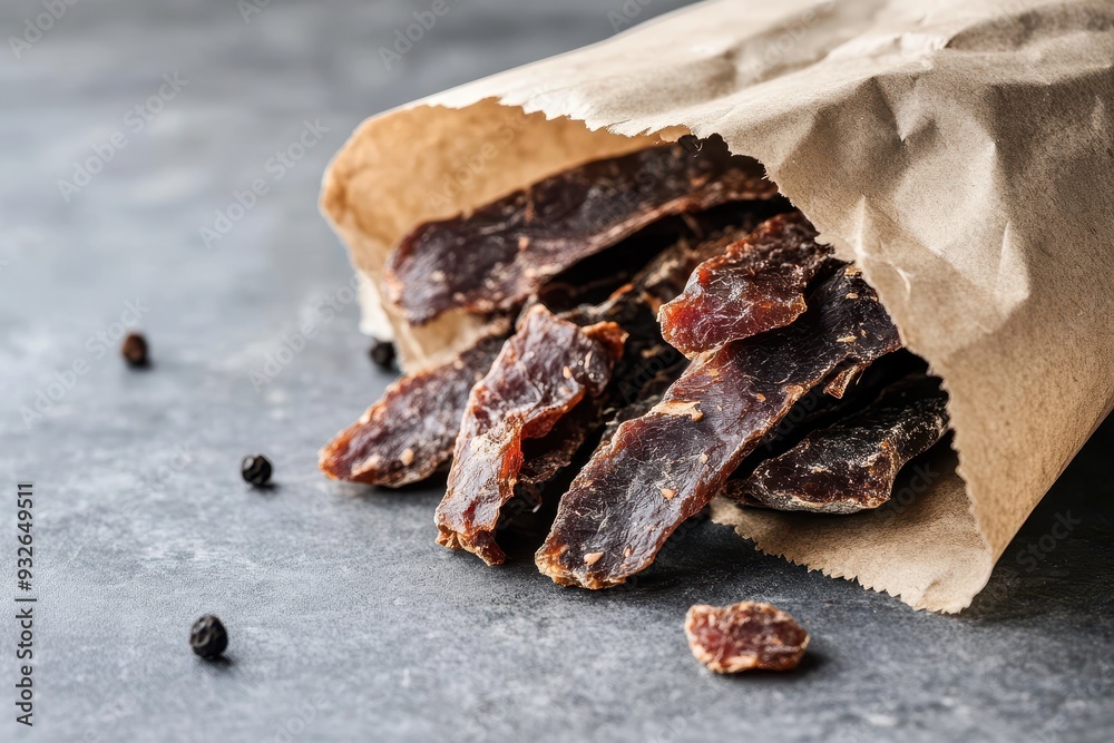 South African dried biltong and dry wors in brown paper bag on grey ...