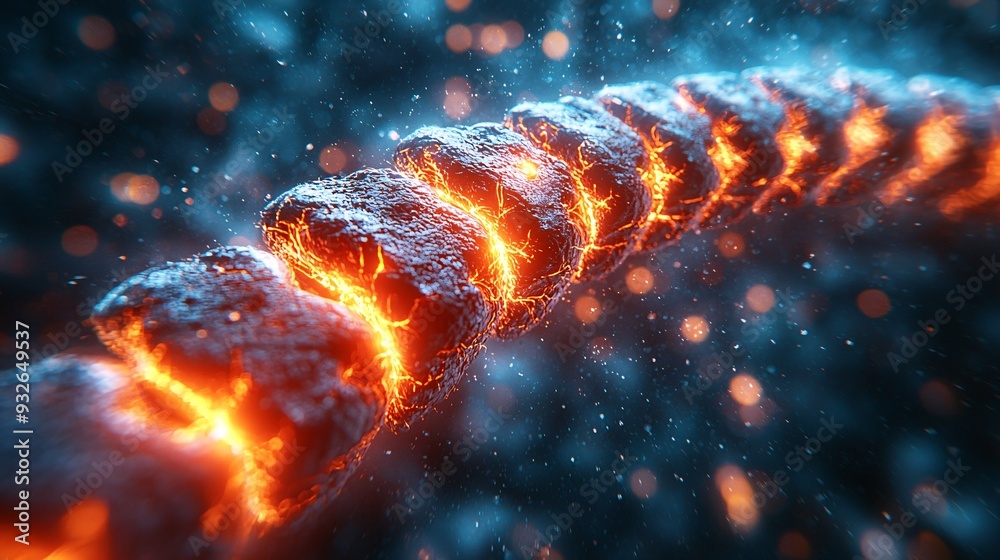 A glowing red herniated disc in the spine, with nerves around it shown ...