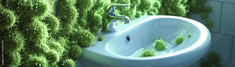 Bacteria infesting a bathroom sink, zoomed-in shot, vivid textures ...