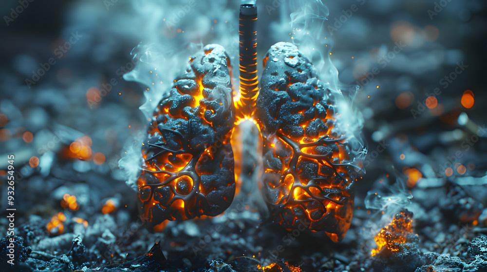 No tobacco day. Human lungs combustion of fire and soot damage by ...
