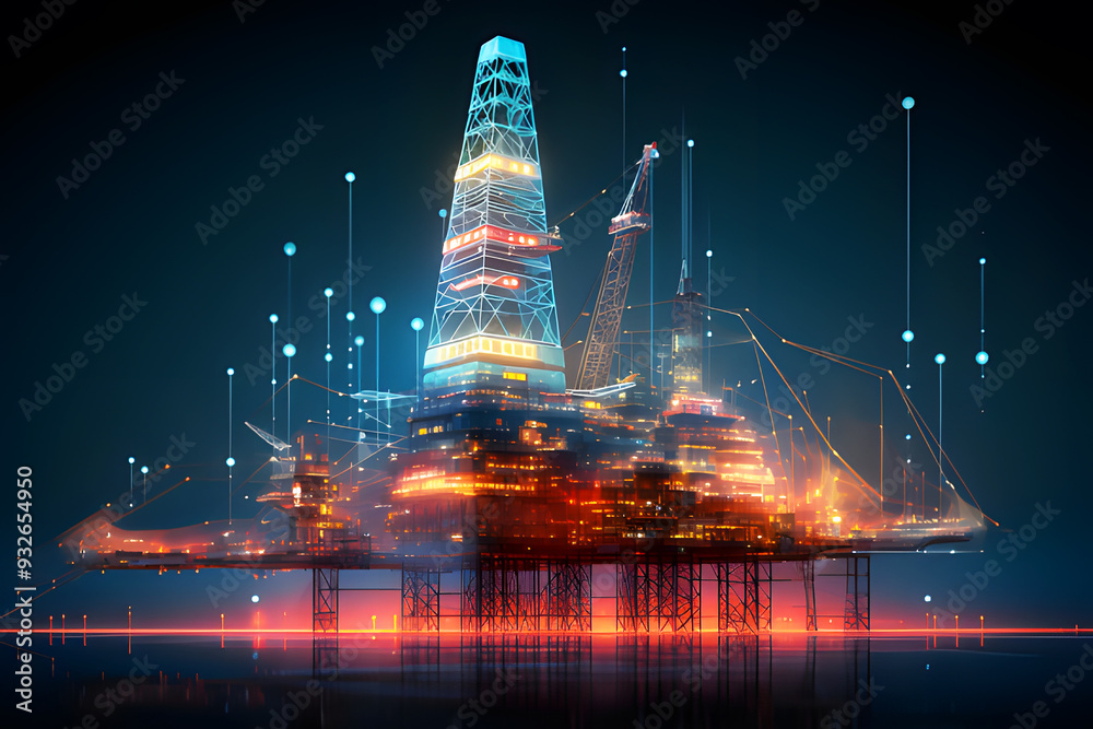 Holographic of digital Oil Drilling Platform display blue, orange ...