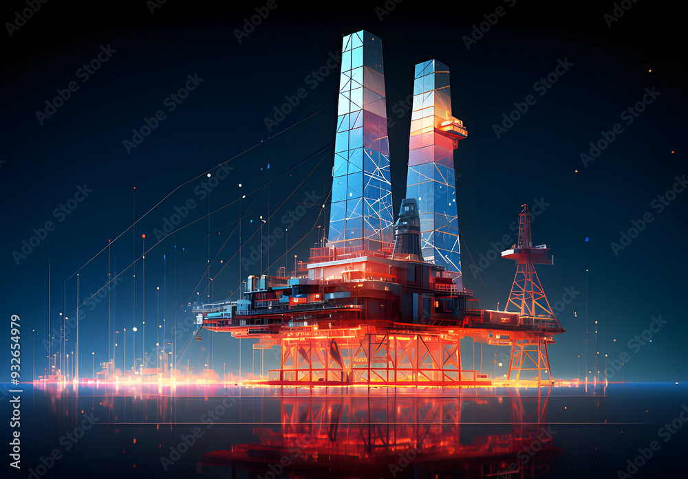 Holographic of digital Oil Drilling Platform display blue, orange ...