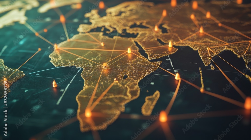 A logistics map with pins and routes connecting different cities and ...