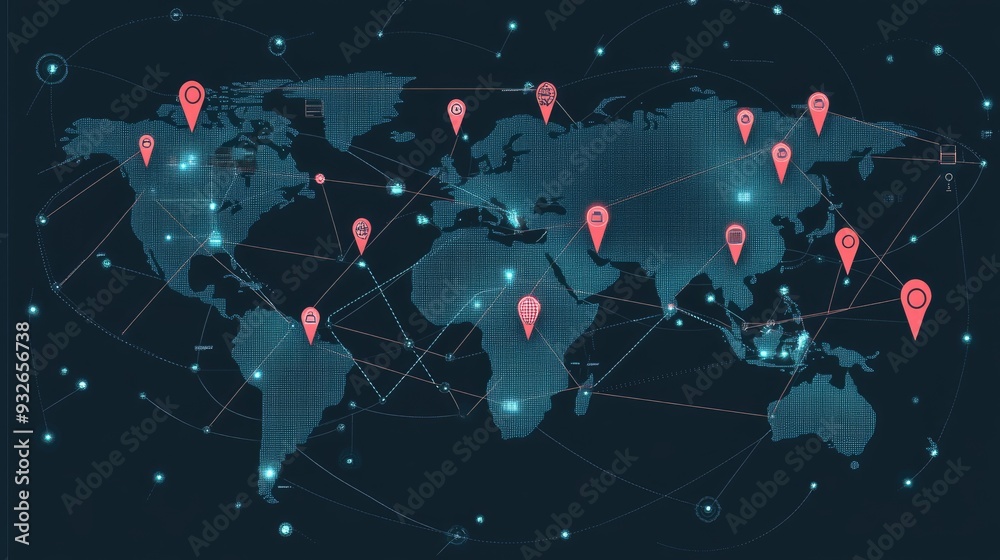 A logistics map with pins and routes connecting different cities and ...