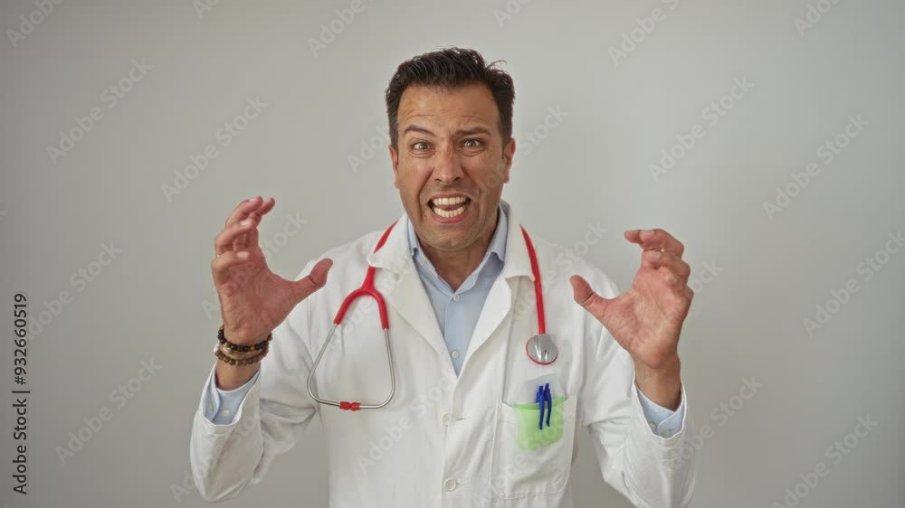 Man wearing white lab coat with red stethoscope on white background ...