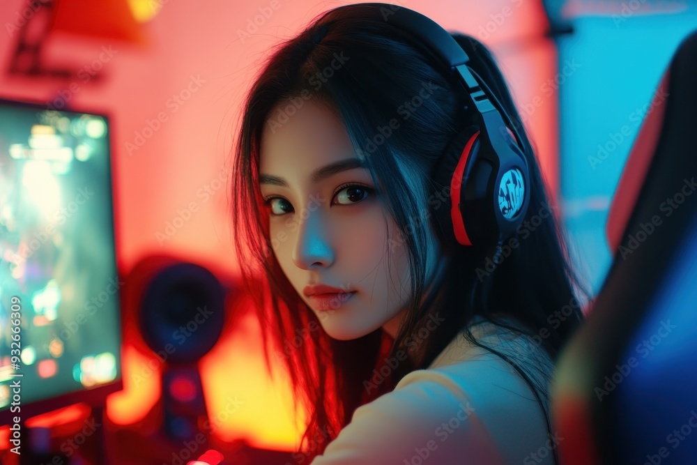 Young Asian woman gamer playing online game in bedroom Attractive girl ...