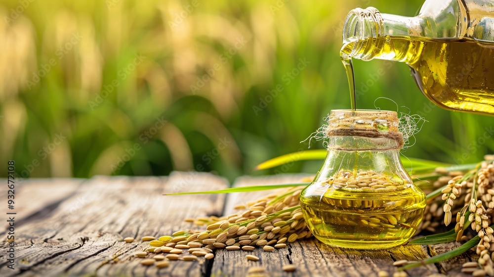 1. Golden rice bran oil in a clear glass bottle pouring smoothly onto a ...