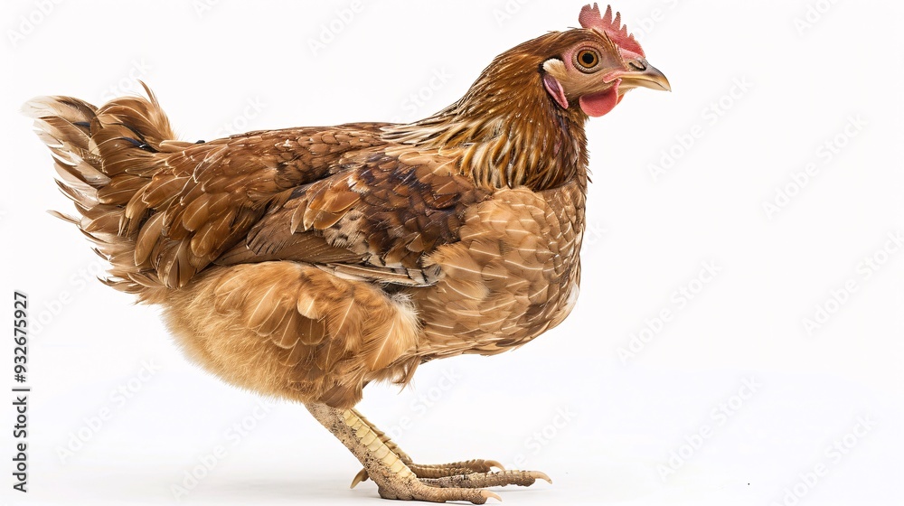 5. Side profile of a young brown hen, standing still against a white ...