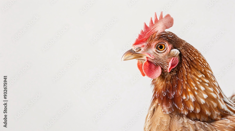 5. Side profile of a young brown hen, standing still against a white ...