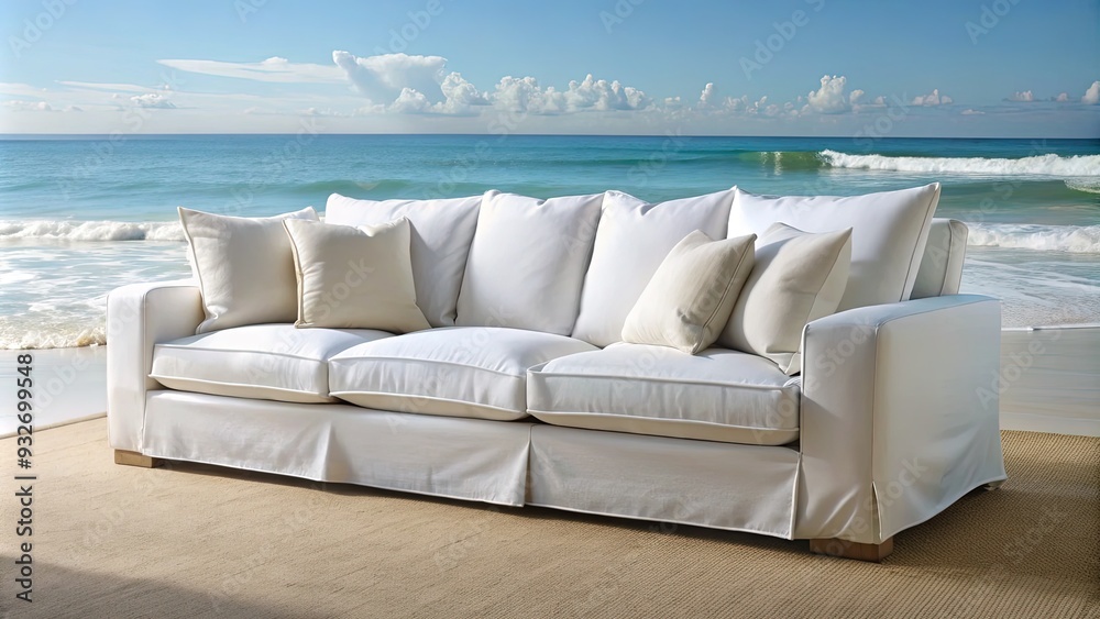 * Whimsical white linen sofa with a linen slipcover, evoking the light ...