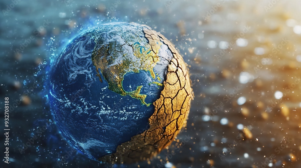 Water scarcity awareness, 3D Earth with a cracked desert surface on one ...