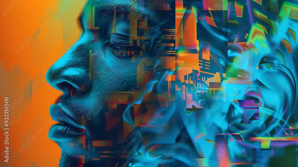 An abstract portrait featuring a man's face divided into sections of ...