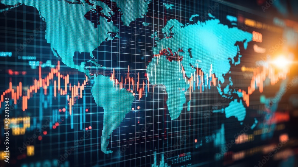 Global map overlaying stock market graphs, highlighting international ...