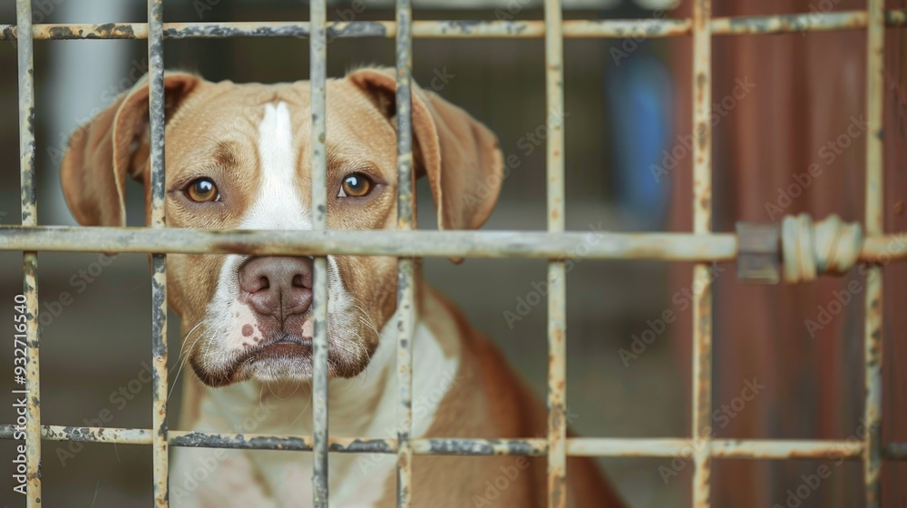 Sad shelter dog. Animal behind bars in cage, waiting for loving family ...
