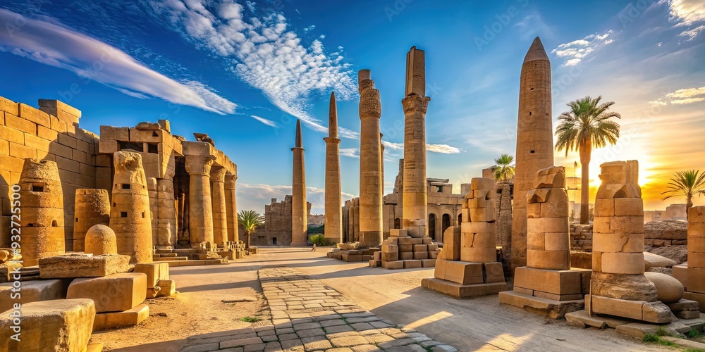 Ancient stone pillars and obelisks rise from the sun-kissed desert ...