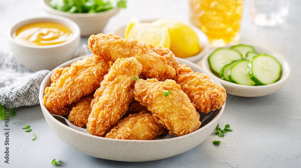 An appetizing fried chicken set featuring crispy chicken tenders with a ...