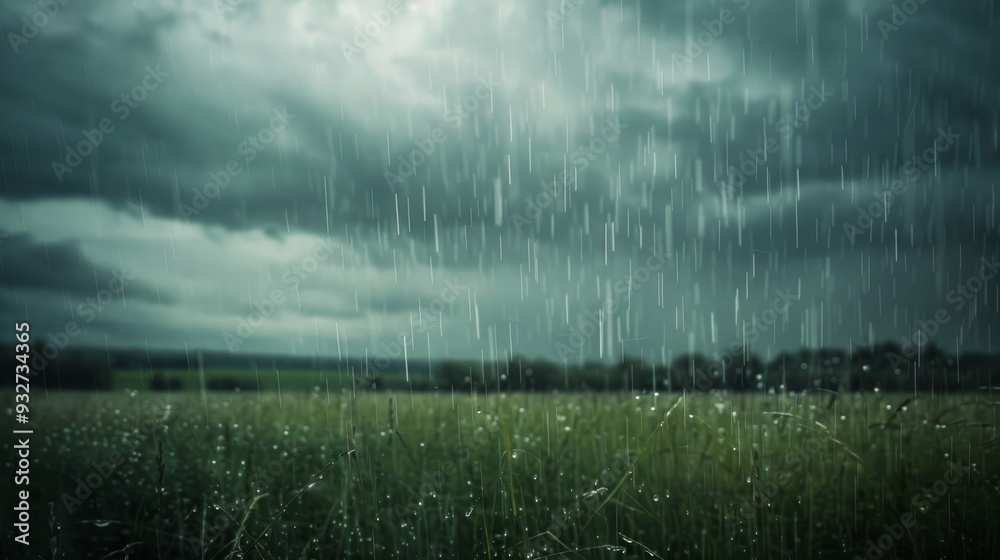 Rainy weather over a rural field with dark clouds above and rain ...