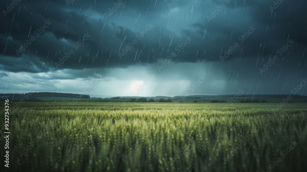Rainy weather over a rural field with dark clouds above and rain ...